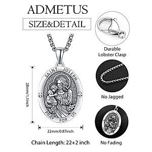 ADMETUS St Joseph Medal for Men 925 Sterling Silver Oval Saint Joseph Pendant Necklace Protection Jewelry Religious Gifts
