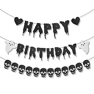 Glitter Halloween Birthday Banner, Heart Ghost Skull Halloween Happy Birthday Party Decorations Spooky Happy Birthday Garland Sign for Party Baby Shower Decor Supplies