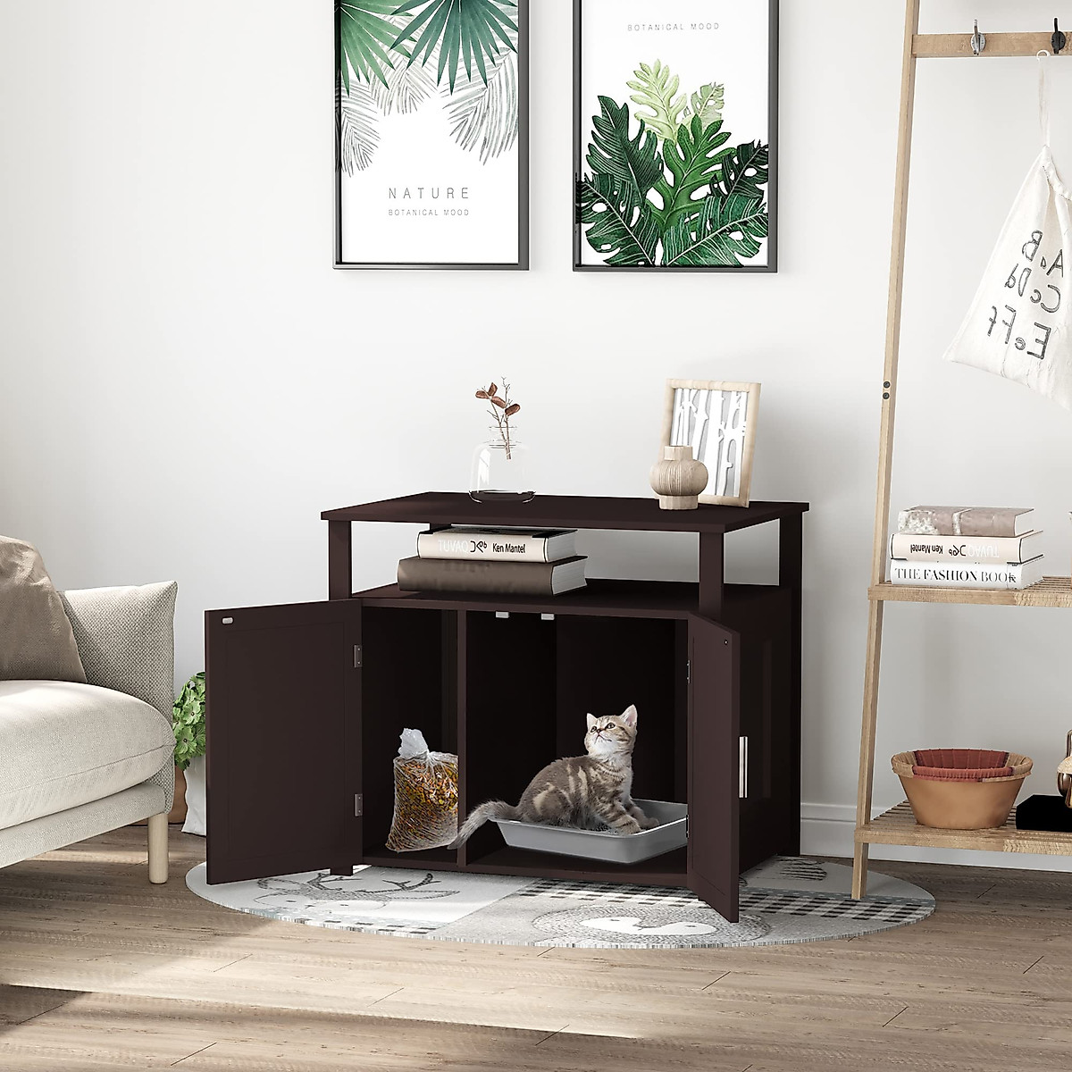 PawHut Wooden Cat Litter Box Enclosure Furniture with Adjustable Partition, Cat Washroom End Table with Open Shelf, Brown
