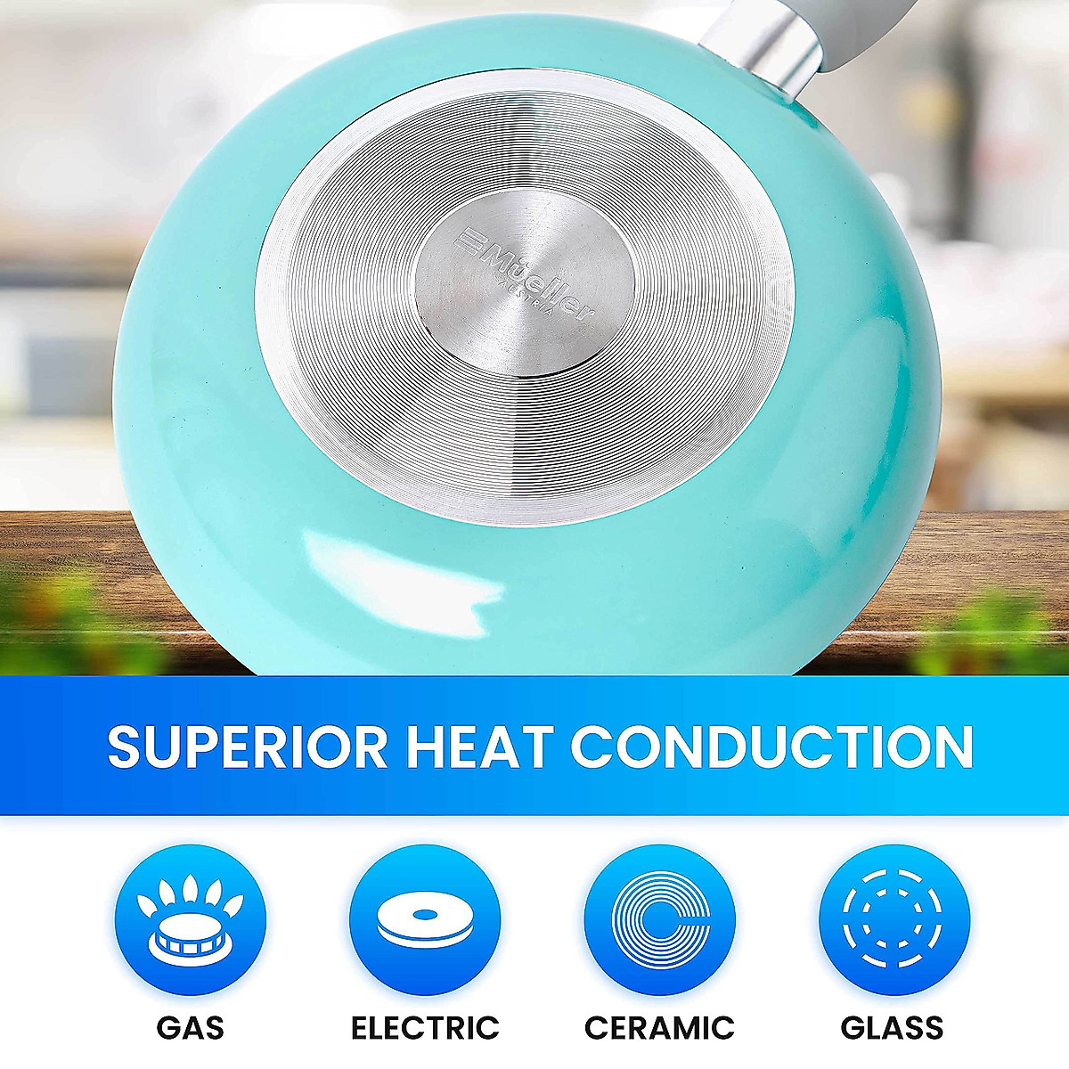 Mueller 16-Piece Non-Stick Stone Cookware Set with Steamer and Glass Lids, Turquoise