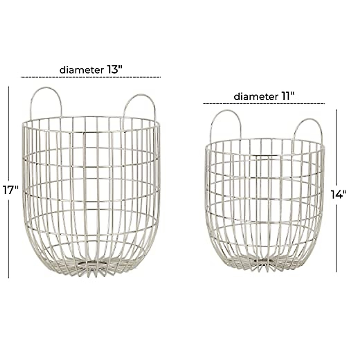 Deco 79 Metal Round Storage Basket with Handles, Set of 2 17", 14"H, Silver