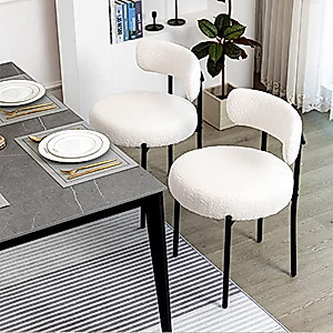 DYHOME White Dining Chairs Set of 2, Mid-Century Modern Dining Chairs, Kitchen Dining Room Chairs, Curved Backrest Round Upholstered Boucle Dining Chair with Black Metal Legs