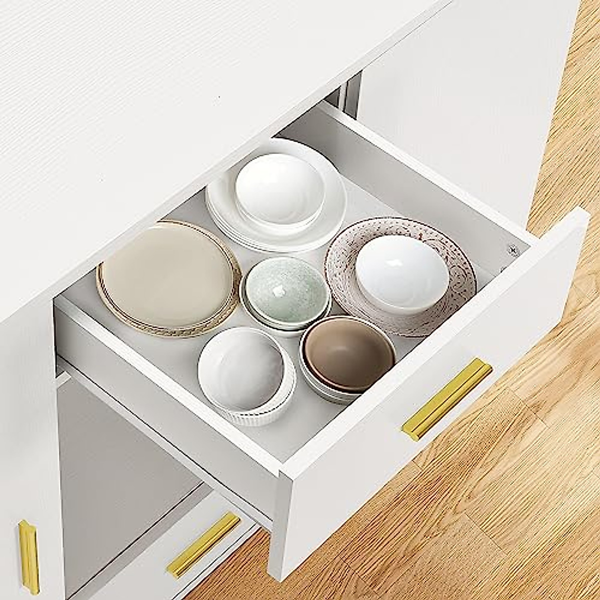 YITAHOME Sideboard Buffet, Buffet Cabinet Storage Credenza w/Adjustable Shelf, Wine Glass Holder, Drawers, Modern White & Gold Dresser 300 lbs Capacity for Living Room, Kitchen, Dining Room, White