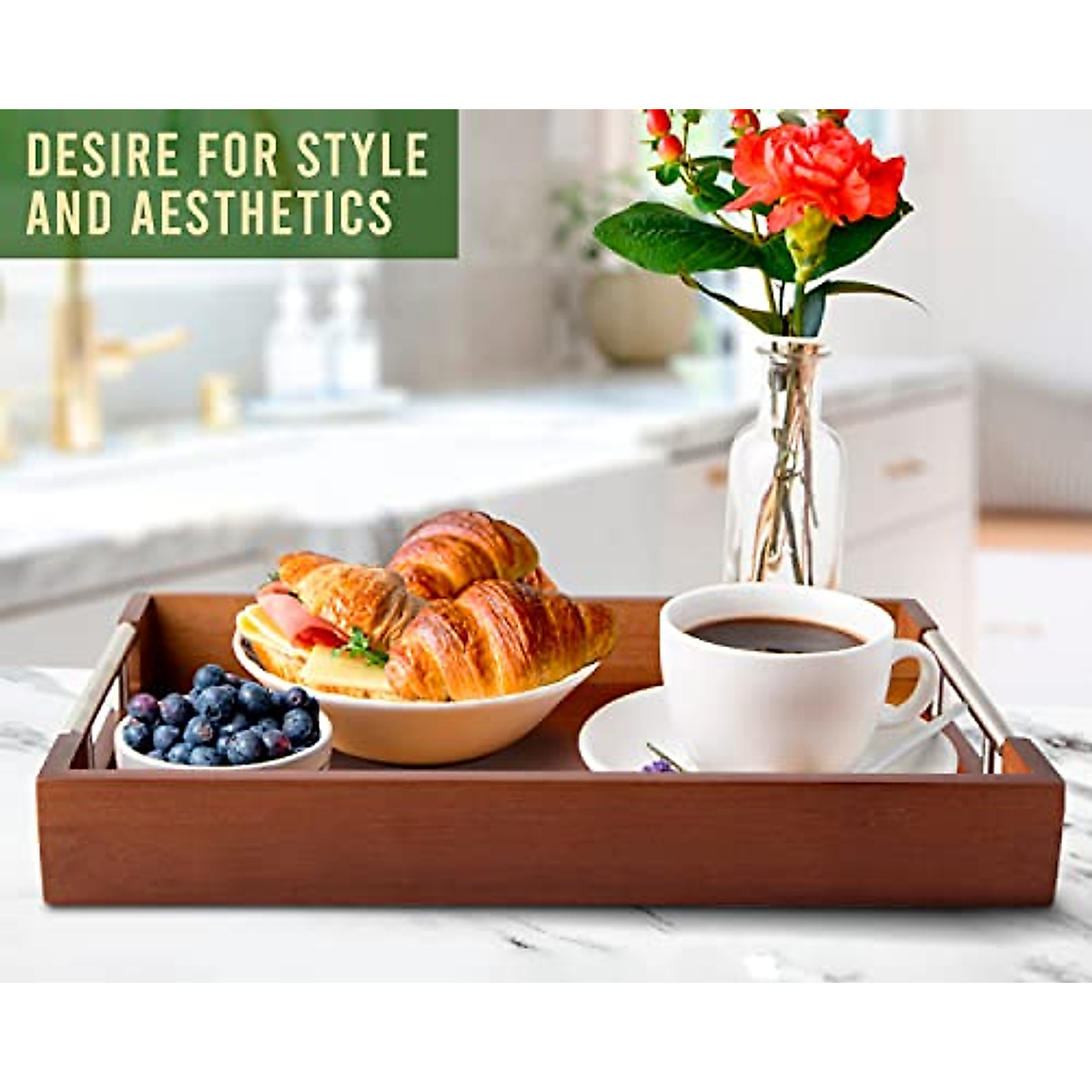 Set of 2 Modern Bamboo Serving Trays with Metal Handles – Bamboo Nesting Trays – Large, and Small Trays Set for Food, Ottoman Décor & More – Bamboo Trays for Breakfast - Brown