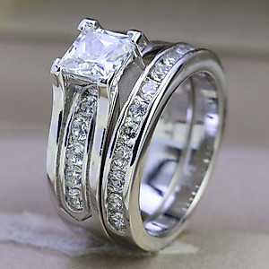 Bridal Sets White Gold Plated Womens Wedding Ring Sets Princess Cut Cz Engagement Ring 2pcs Wedding Band