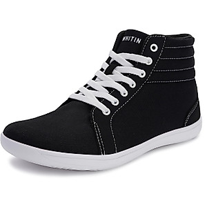 WHITIN Men's Wide Toe Box Hightop Barefoot Shoes Boots Canvas Sneakers Black White Size 6.5