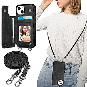 ZTOFERA Wallet Case for iPhone 13,iPhone 13 Case with Crossbody Adjustable Strap Lanyard,Leather Card Holder Shockproof Protective Cover with Stand for iPhone 13,6.1 inch-Black