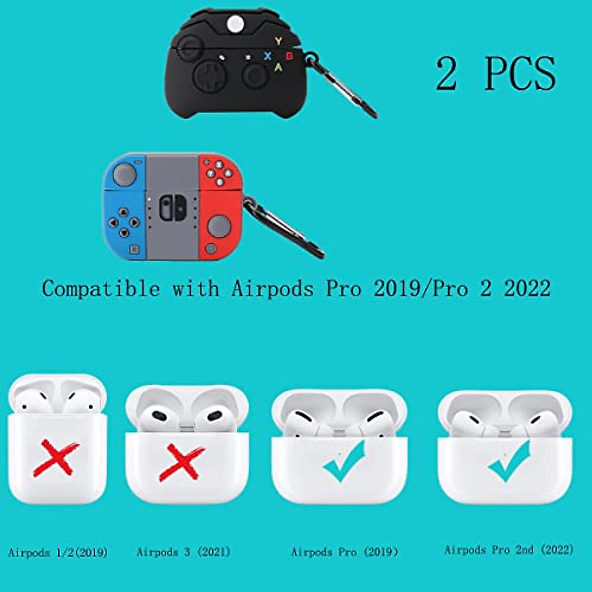 2 Pcs Wifantien 3D Cute Gamepad+Switch Case for AirPod Pro 2019/2022, Cartoon Kids Boys Men Kawaii Cool Game Gamepad Shape Keychain Case for Airpods Pro/Pro 2nd Gen 2022