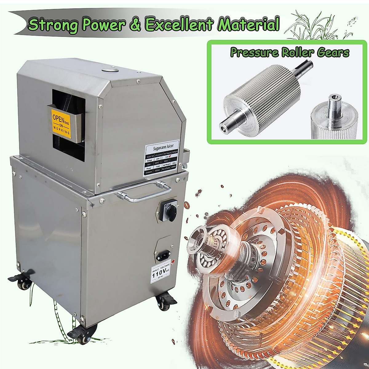 INTSUPERMAI Commercial Sugar Cane Press Juicer Machine with Cleaning Port 304 Stainless Steel Rollers Three Rollers Sugarcane Juice Extractor for Commercial Home Use 110V 750W