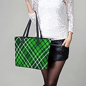 Womens Handbag Plaid Pattern Green Leather Tote Bag Top Handle Satchel Bags For Lady