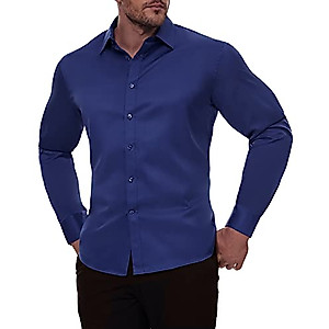Alimens & Gentle Men's Dress Shirts Transitional Weather Long Sleeve Stretch Wrinkle-Free Button Down Navy