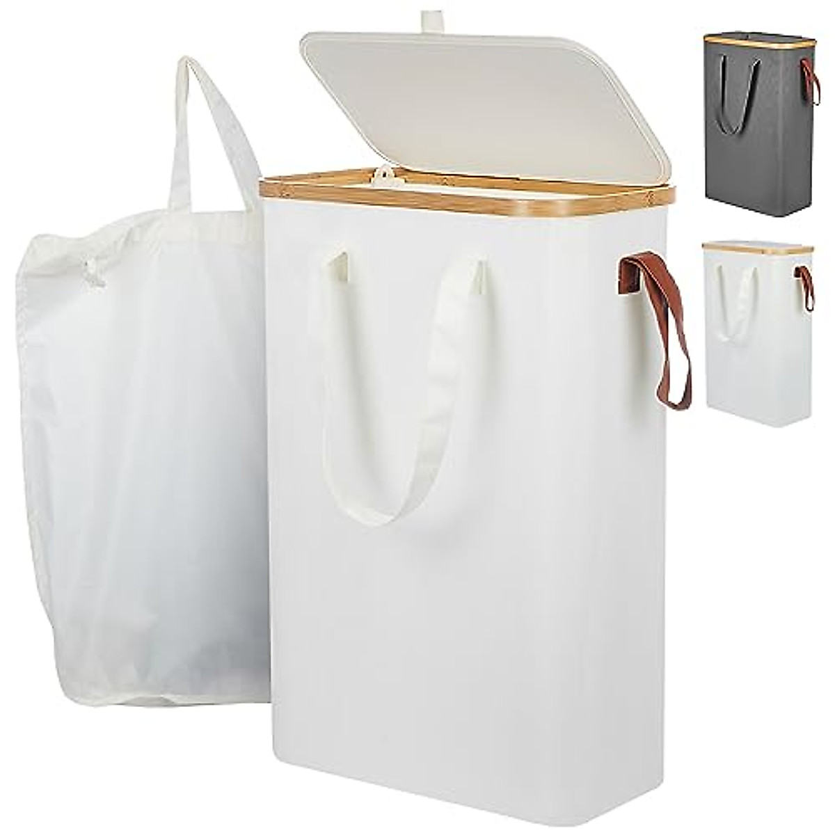 yamagahome Slim Laundry Basket with lid 52L, Collapsible Narrow Laundry Hamper with Removable Washable Laundry Bag, Thin Hamper Storage Basket Made of Bamboo and Oxford for Bedrooms, Bathroom, RV