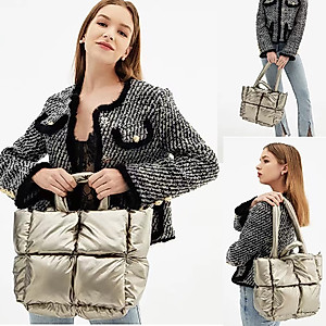 Azoiikwd Puffer Tote Bag, Trendy Luxury Chic Quilted Large Padded Designer Handbags for Women Winter Soft Shoulder Bag (silver)