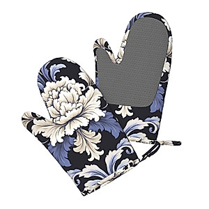 Damask Pattern Printed Oven Mitts Heat Resistant Oven Gloves Non-Slip Silicone Kitchen Gloves for Cooking Baking BBQ Gloves 1 Pair