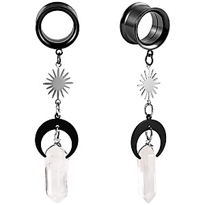 Maxbott 2PCS Moon-Pendant Natural Stone Stainless Steel Dangle Ear Plugs Tunnels Stretcher Piercing Body Jewelry (10mm(00G), Black)