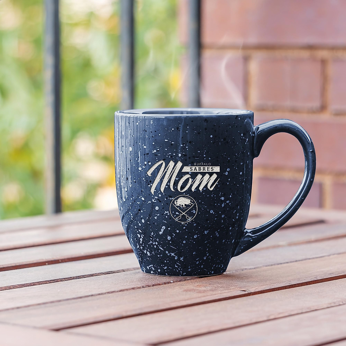 Rico Industries NHL Hockey Buffalo Sabres Mom 16 oz Team Color Laser Engraved Speckled Ceramic Coffee Mug