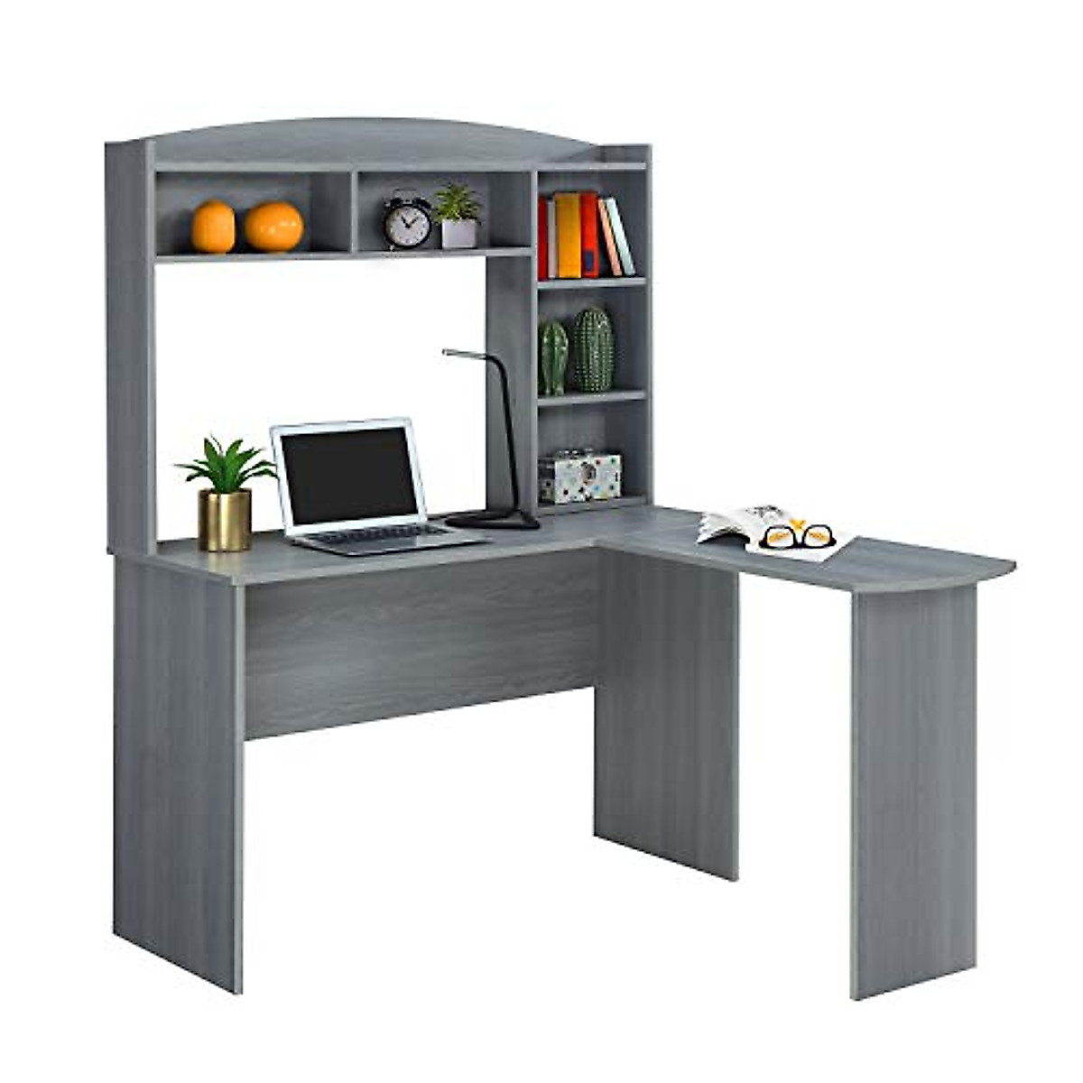 Techni Mobili Modern Hutch L-Shaped Computer Desk, Grey
