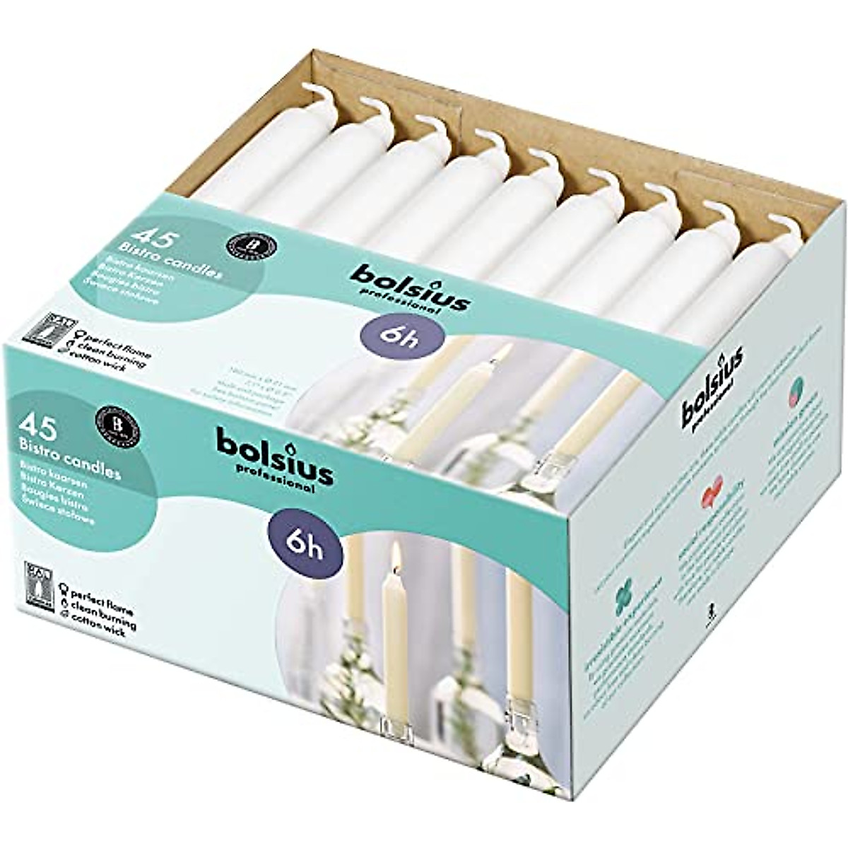 BOLSIUS White Household Candles Bulk Pack 45 Count - Unscented Dripless 7 Inch Dinner Candlesticks - 6+ Hours Burn Time - Premium European Quality - Consistent Smokeless Flame - 100% Cotton Wick