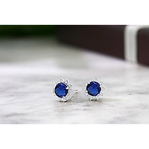 Gem Stone King 18K White Gold Gemstone Birthstone and White Diamond Earrings | Halo Stud Earrings for Women | White Gold Earrings for Women