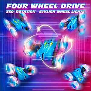 SALLN Remote Control Car-w/Wheel Lights,Direct Rechargeable,RC Cars Stunt Car Toy for Boys 8-12,4WD 2.4Ghz Max 50+min Playtime 360° Rotating RC Car for Boys 4-7,Kids Xmas Gifts Toy Car for Boys Girls