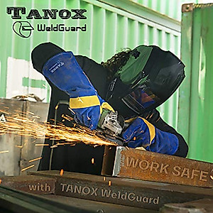 Leather Forge Welding Gloves Heat/Fire Resistant, Mitts16 inch long for Oven/Grill/Fireplace/Furnace/Stove/Pot Holder/Tig Welder/Mig/BBQ/Animal handling glove with Bonus: protection sleeves – Blue