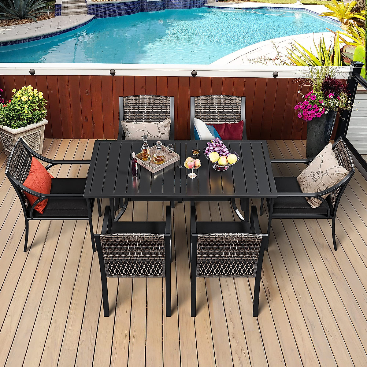 YITAHOME 7 Piece Patio Dining Set, Outdoor Patio Wicker Conversation Furniture Set with Umbrella Hole and All Iron Frame for Lawn Garden Backyard Deck, Soft Black Cushions (Black)