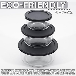 CIBI Food Storage Container Lids (2 Cups, Black - 6PK) Compatible with Pyrex and Anchor Round Glass Containers, Dishwasher and Microwave Safe Replacement Lids