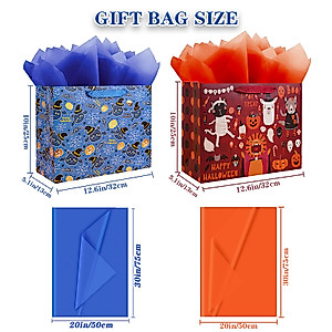 JWSCYSY 2Pack 12.6" Large Happy Halloween Bags with Card and Tissue Paper, Trick or Treat Paper Gift Bags for Kids Holloween Party Favor.
