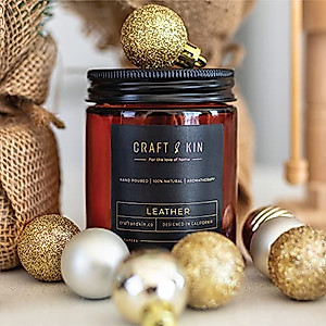 Leather Candle | Premium Scented Candles for Men & Women | All-Natural Soy Candles, Rustic Home Decor Scented Candles | Ultra Clean Burn Amber Jar Candles, Aromatherapy Candles