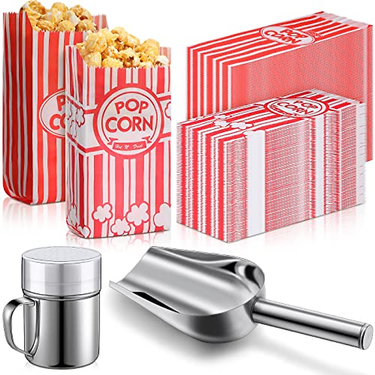 602 Pcs Popcorn Maker Supplies Set Includes 600 Popcorn Paper Bags 1 oz Popcorn Individual Bags 1 Popcorn Scoops 1 Popcorn Seasoning Dredge Shaker with Handle for Home Kitchen Movie Party Use