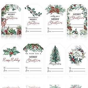 AnyDesign 500 Pcs Christmas Paper Gift Tag Stickers 8 Styles Watercolor Plants Labels Decals Self Adhesive Xmas Winter Name Tags for Gift Box Bag Package Party Decor, 2 x 3 Inch