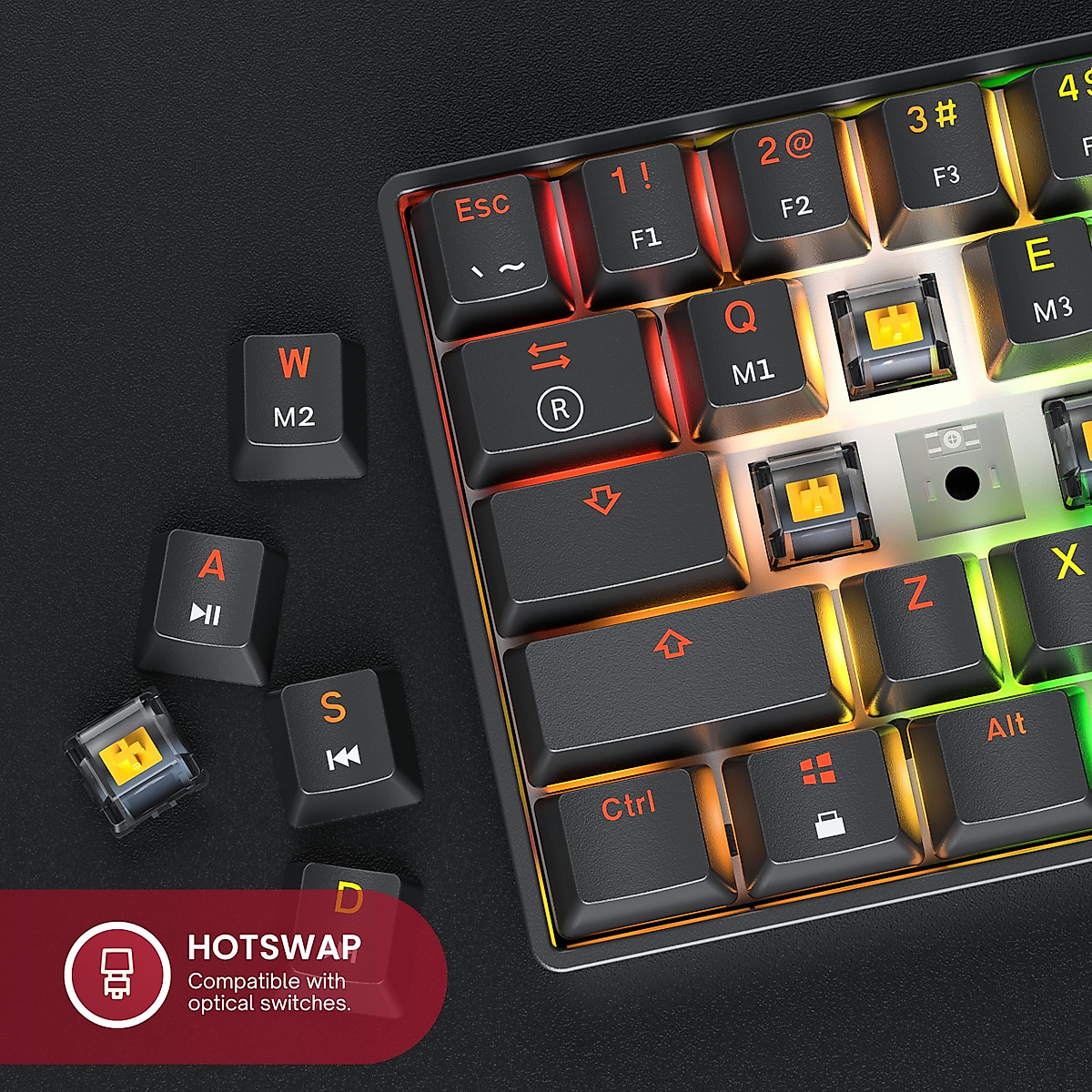 GK61 Mechanical Gaming Keyboard - 61 Keys Multi Color RGB Illuminated LED Backlit Wired Programmable for PC/Mac Gamer (Gateron Optical Yellow, Black)