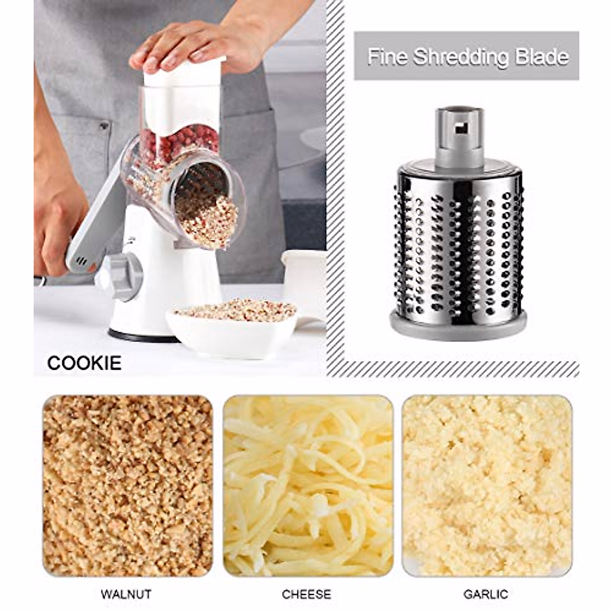 Ourokhome Rotary Cheese Grater Shredder - 3 Drum Blades Manual Speed Round Food Slicer Nut Grinder with Strong Suction Base for Cheese, Vegetable, Walnut, Chocolate, Potato, Carrot, White Gray