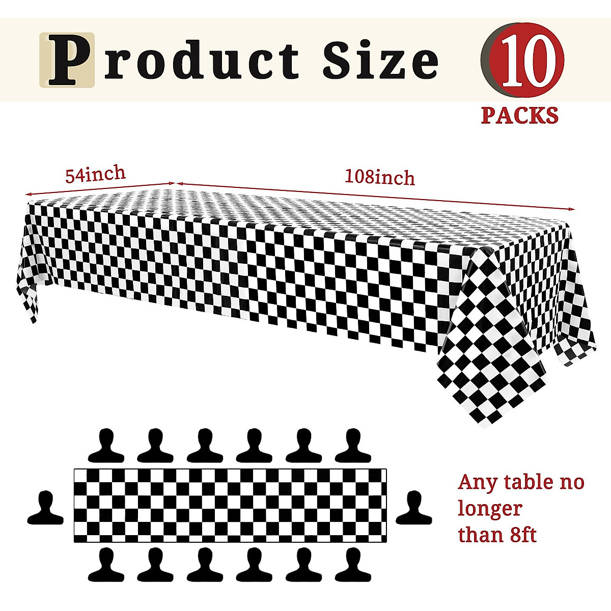 Teruntrue 10 Packs Black Checkered Plastic Tablecloth 54"x108"Black and White Checkered Table Cover Disposable Racing Table Cloth Will Cover Any Table up to 8 ft for Weddings Birthday Party Décor