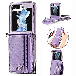 protective filp case 2 in 1 Detachable Wallet Case Compatible with Samsung Galaxy Z Flip 5 Case with Card Holder, Galaxy Z Flip 5 Case with Detachable Strap Crossbody Zipper Pocket Kickstand for Women
