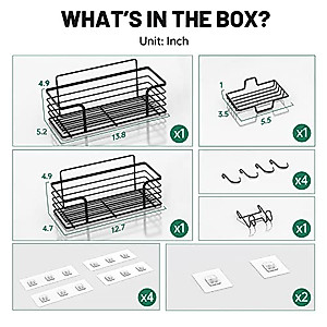 Shower Caddy Basket Shower Racks for Inside Shower Shelf with Soap Dishes and 5 Hooks, 304 Stainless Steel No Drilling Traceless Adhesive Bathroom Storage Organizer, 2 Pack, Black