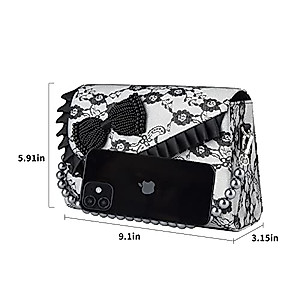 GripIt Lace Lolita Shoulder Crossbody Bag Bow-Knot Clutch Purses with Pearl Handle Chain for Women Girls Party Evening Handbag,Black