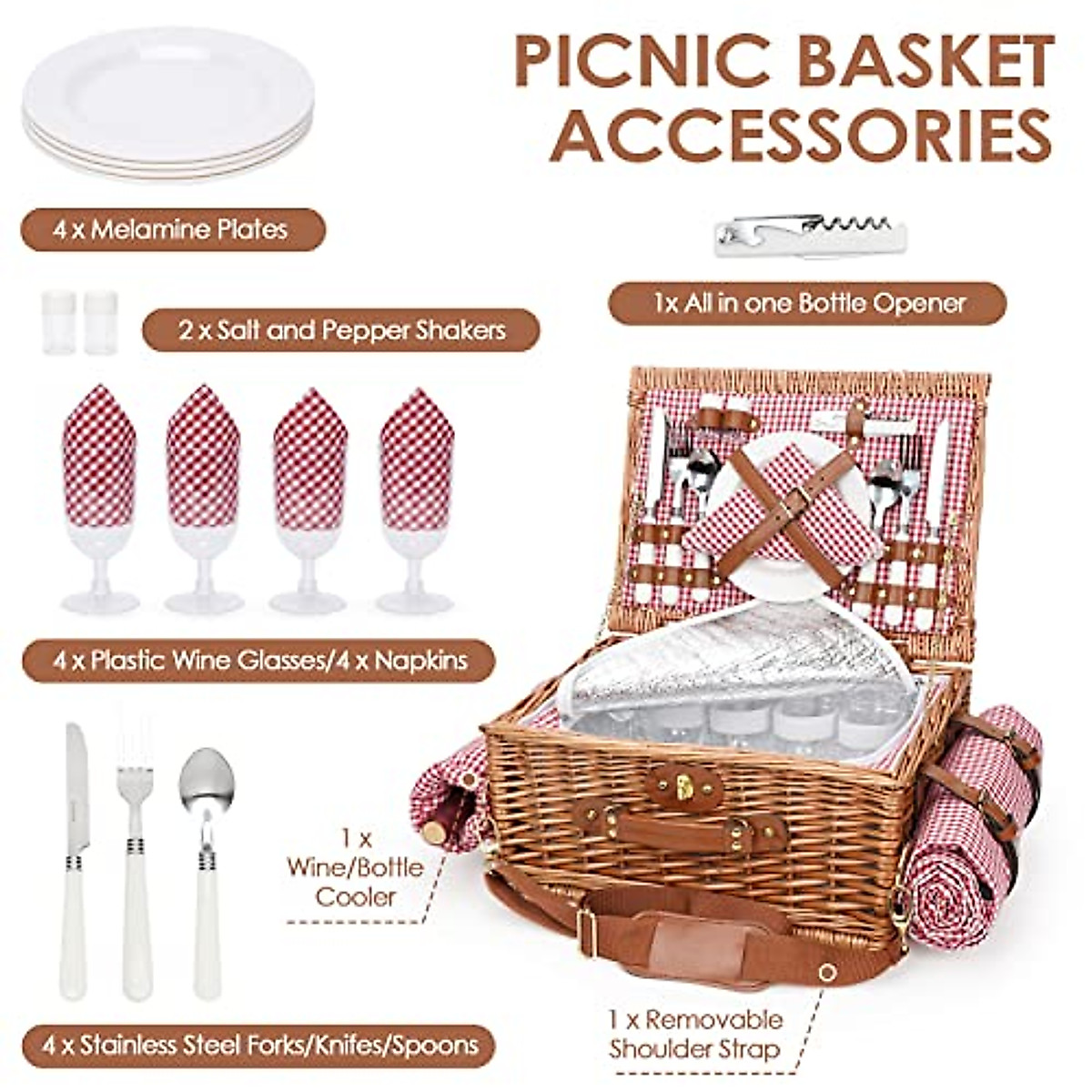 Picnic Basket for 4, Insulated Willow Picnic Baskets with Shoulder Strap, Picnic Hamper with Waterproof Picnic Blanket, Handmade Wicker Hamper for Outdoor, Great Gifts for Thanksgiving, Christmas