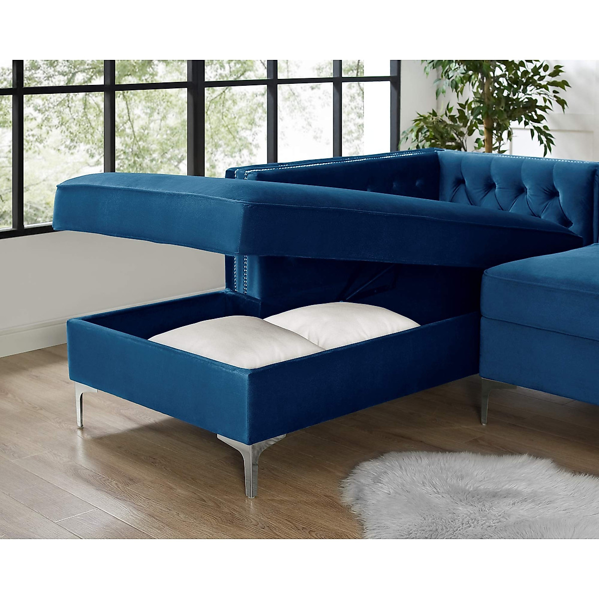Inspired Home Navy Chaise Sectional Sofa - Design: Giovanni | 115" Left Facing | Velvet | Storage | Metal Legs | Tufted Design