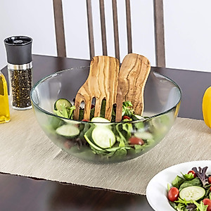 French Home Recycled Glass, 12" x 6" Urban Salad Bowl and Olive Wood Server Hands, Clear.
