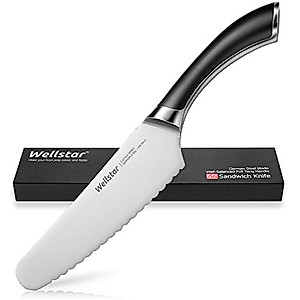 WELLSTAR Sandwich Knife, 6.5 Inch German Stainless Steel Serrated Utility Knife for Bread Vegetable Meat Cutting, Butter Spreader Knife, Razor Sharp Full Tang Handle Multipurpose Kitchen Knife