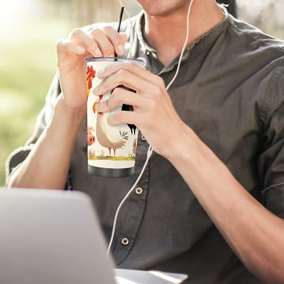 QWEUIOP 20oz Insulated Travel Coffee Mug Retro Pig Chicken Sheep Animal Pattern Stainless Steel Tumbler with Lid Double Wall Vacuum Coffee Cup For Hot and Cold Drinks13983