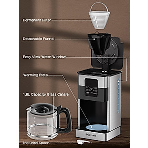 Homtone Coffee Maker 12 Cup Programmable, Anti-Drip Digital Coffee Machine, Brew Strength Control Coffee Maker for Hot Coffee, Stainless Steel, LCD Touch Screen, Permanent Filter, 1000W