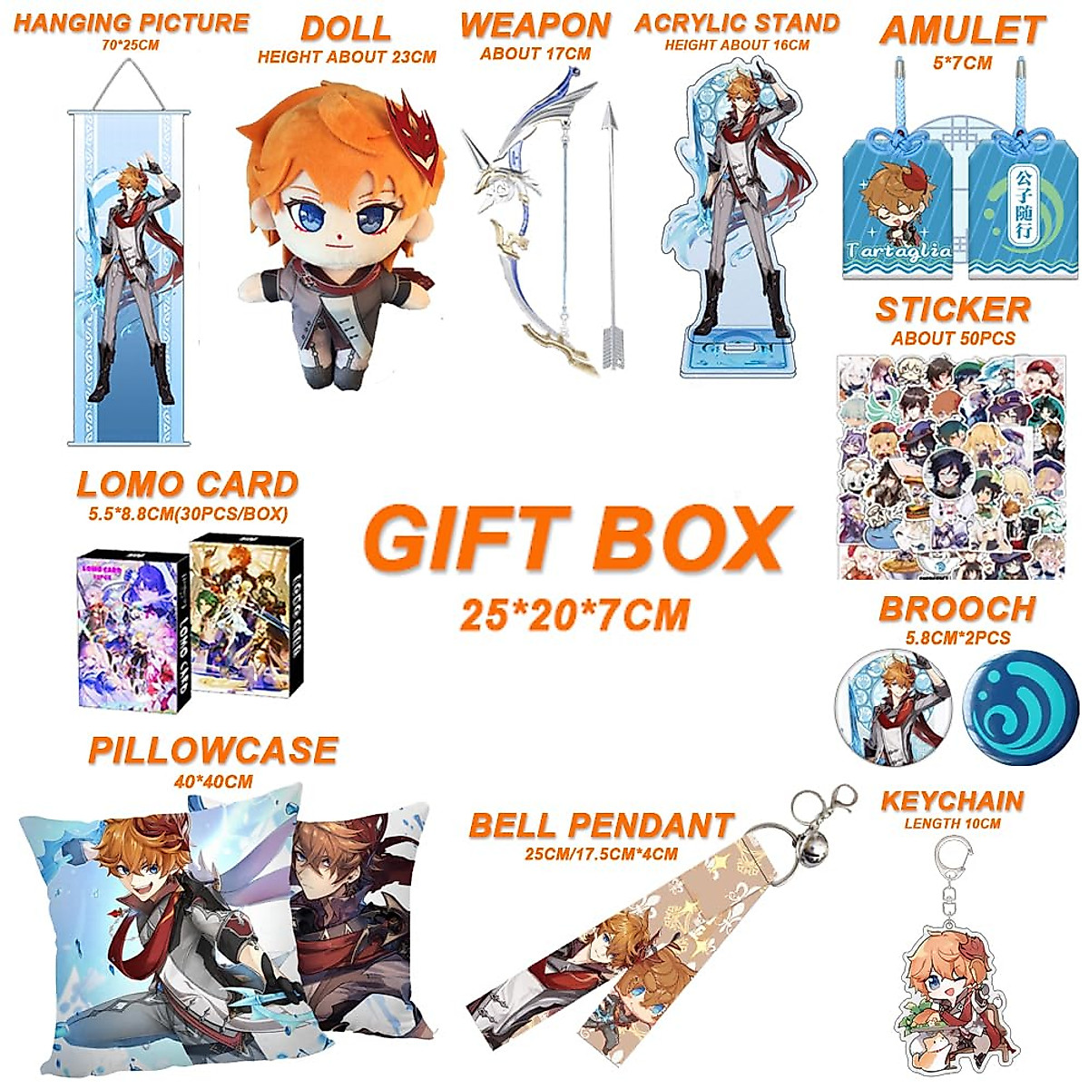 Genshin Impact Merch Box - Including Doll, Pillowcase, Hanging Picture, Acrylic Stand, Amulet, Keychain, Bell Pendant, 2 Brooch,30 Lomo card, 50 Sticker (Tartaglia), 25cmx20cmx7cm (BOX-YS001)