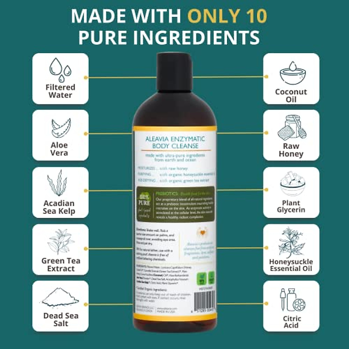 Aleavia Green Tea Honeysuckle Body Cleanse – Organic & All-Natural Prebiotic Body Wash with Raw Honey – 16 Oz.