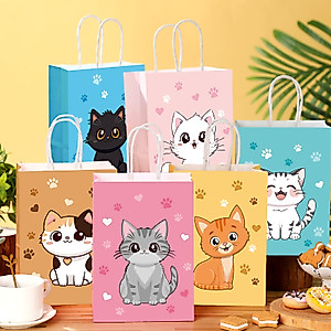 Zhanmai 24 Pcs Cat Goodie Bags Cat Party Favor Kitty Gift Bags with Handles Cat Candy Treat Paper Bags for Kids Cat Birthday Party Decoration Supplies for Pet Adoption