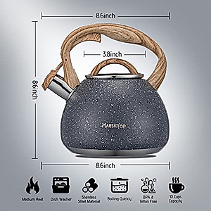 MARSKITOP Tea Kettle Stovetop Whistling Tea Pot for Stove Top, Stainless Steel Tea Kettle Teapot with Wooden Pattern Handle, 2.6 Quart, Gray