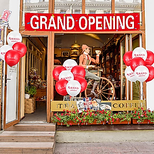 42 Pieces Grand Opening Decorations Kit Includes 1.5 x 9.8 ft Grand Opening Banner 40 Balloons and Satin Ribbon for Events Inaugurations Ceremonies (Red, White)