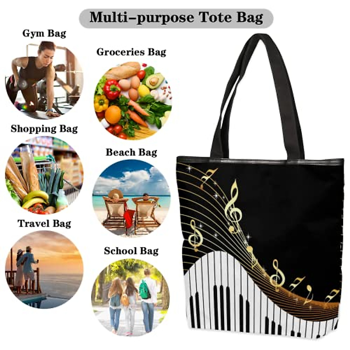 Music Theme Women's Canvas Tote Bag, Piano Keyboard Music Notes Shoulder Handbag Bags with Zip Large Beach Bag for School Shopping Business Work Travel