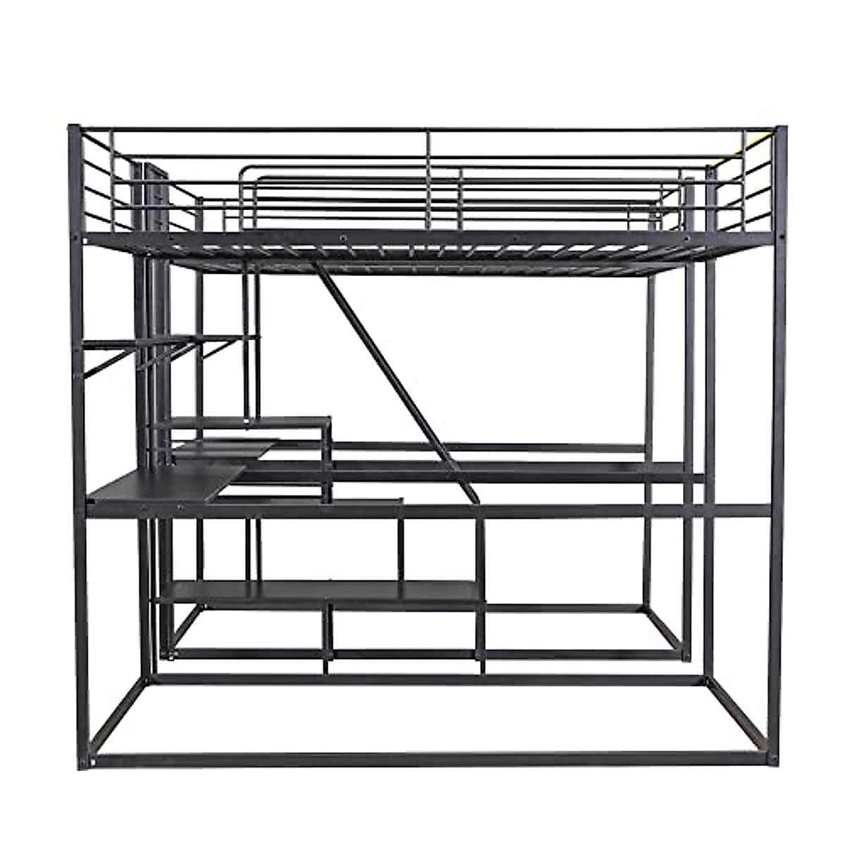 Merax Double Twin Over Twin Metal Bunk Bed with Shelves, and Storage Staircase, Metal Double Loft Bed Frame with Desk, Black